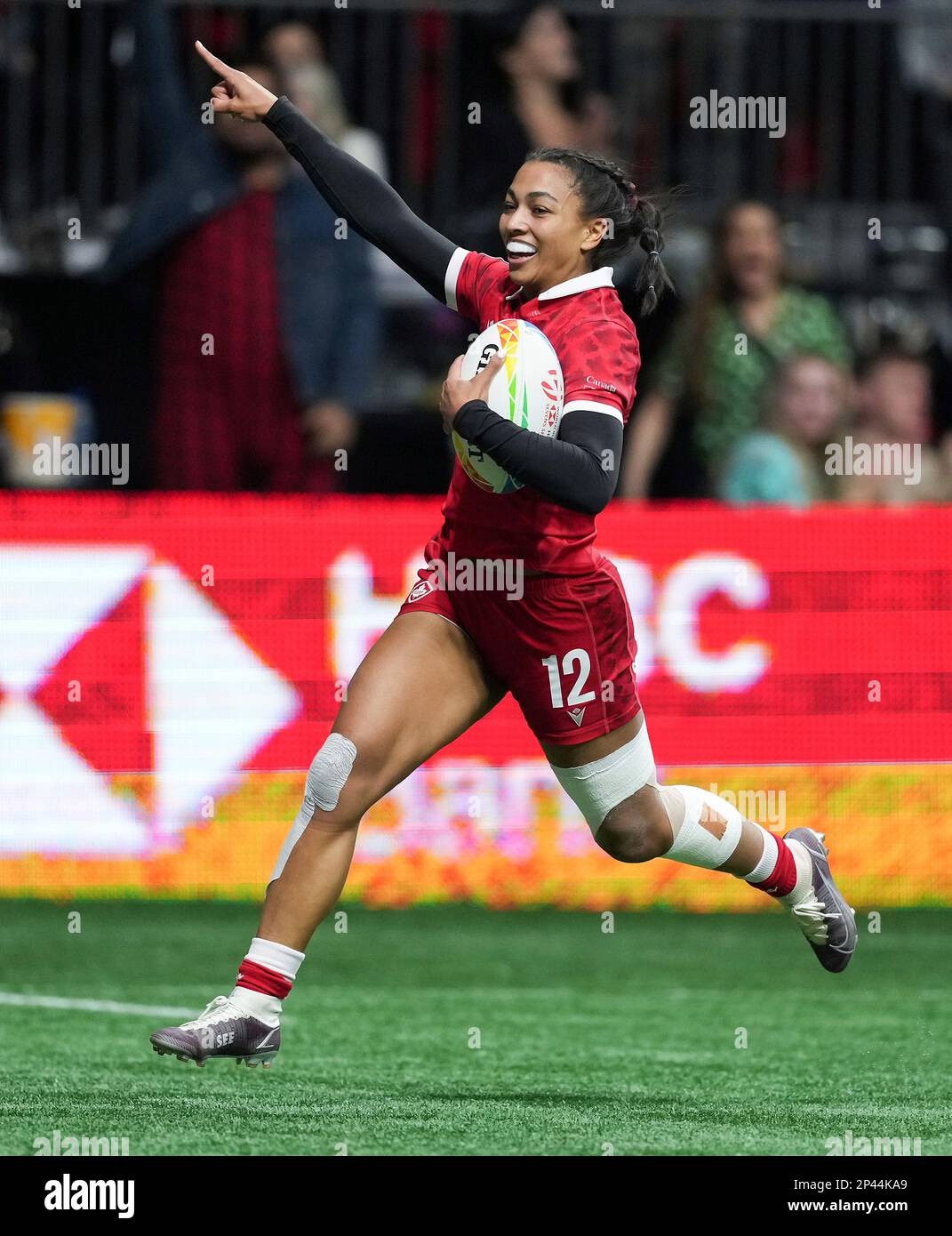 Canada's Keyara Wardley scores a try against Fiji during a Canada ...