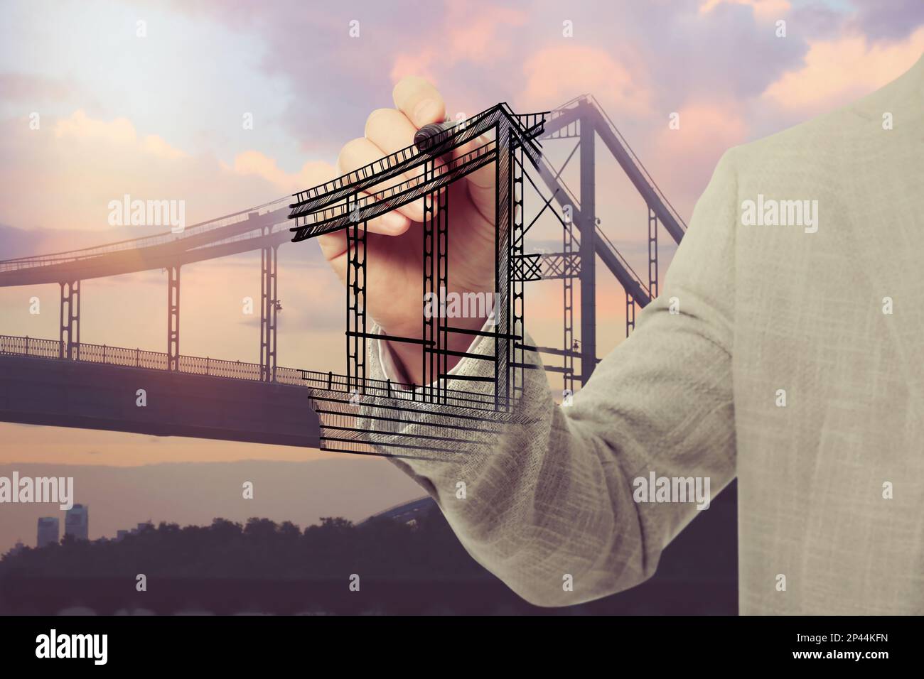 Man drawing picture of bridge, closeup. Business cooperation concept ...