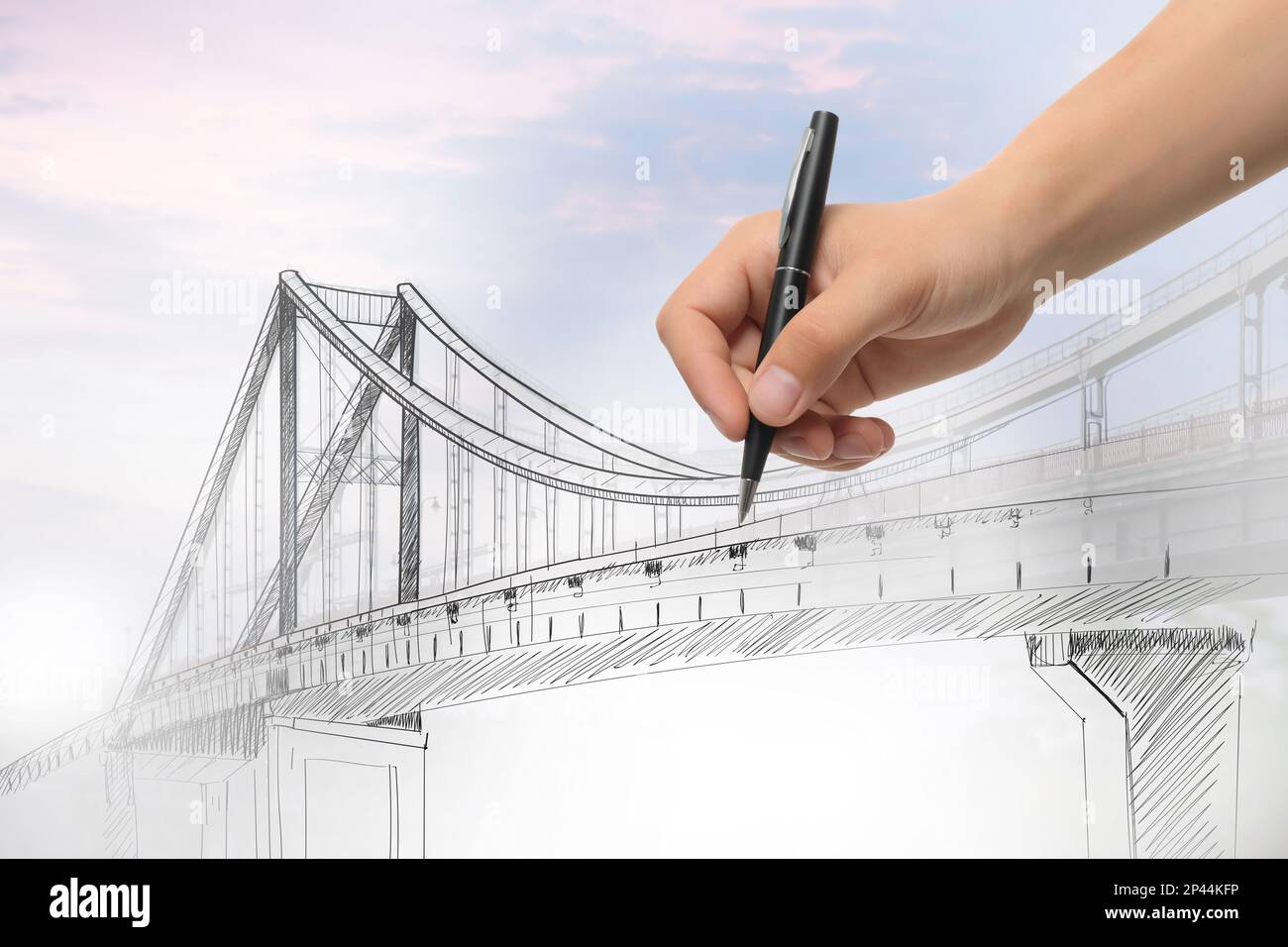 Man drawing picture of bridge, closeup. Business cooperation concept ...