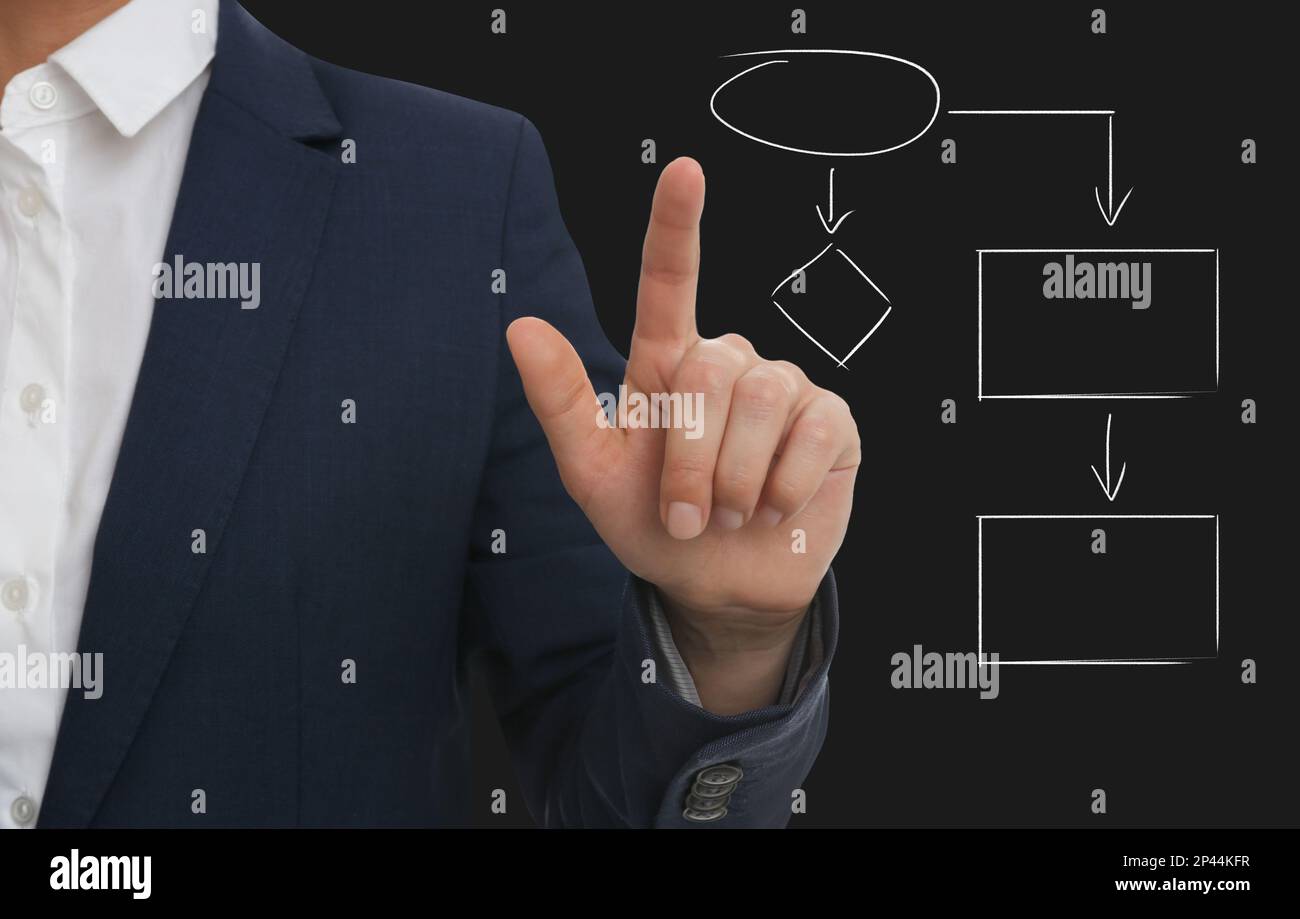 Man pointing at flowchart on virtual screen against black background ...