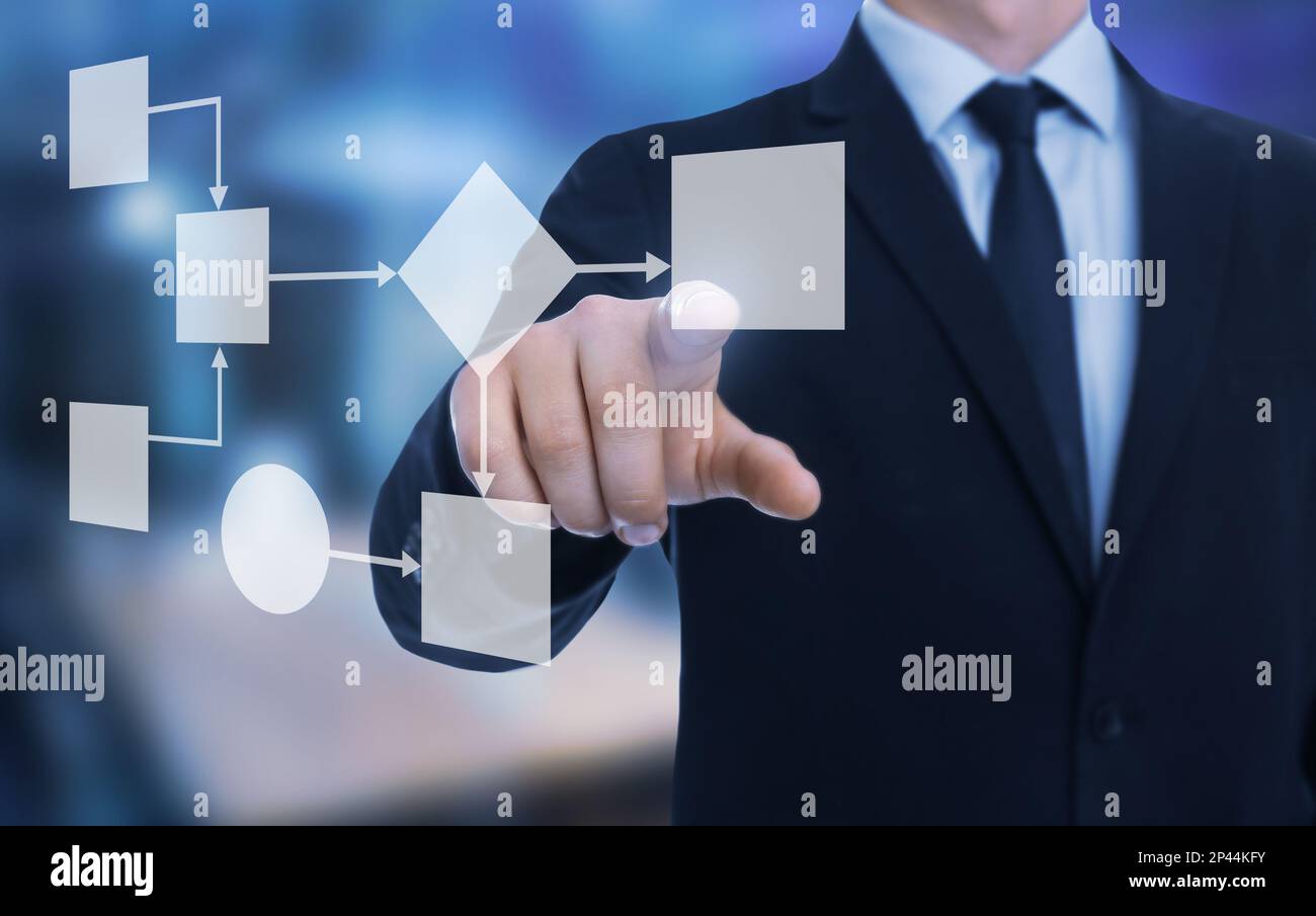 Man pointing at flowchart on virtual screen against blurred background ...