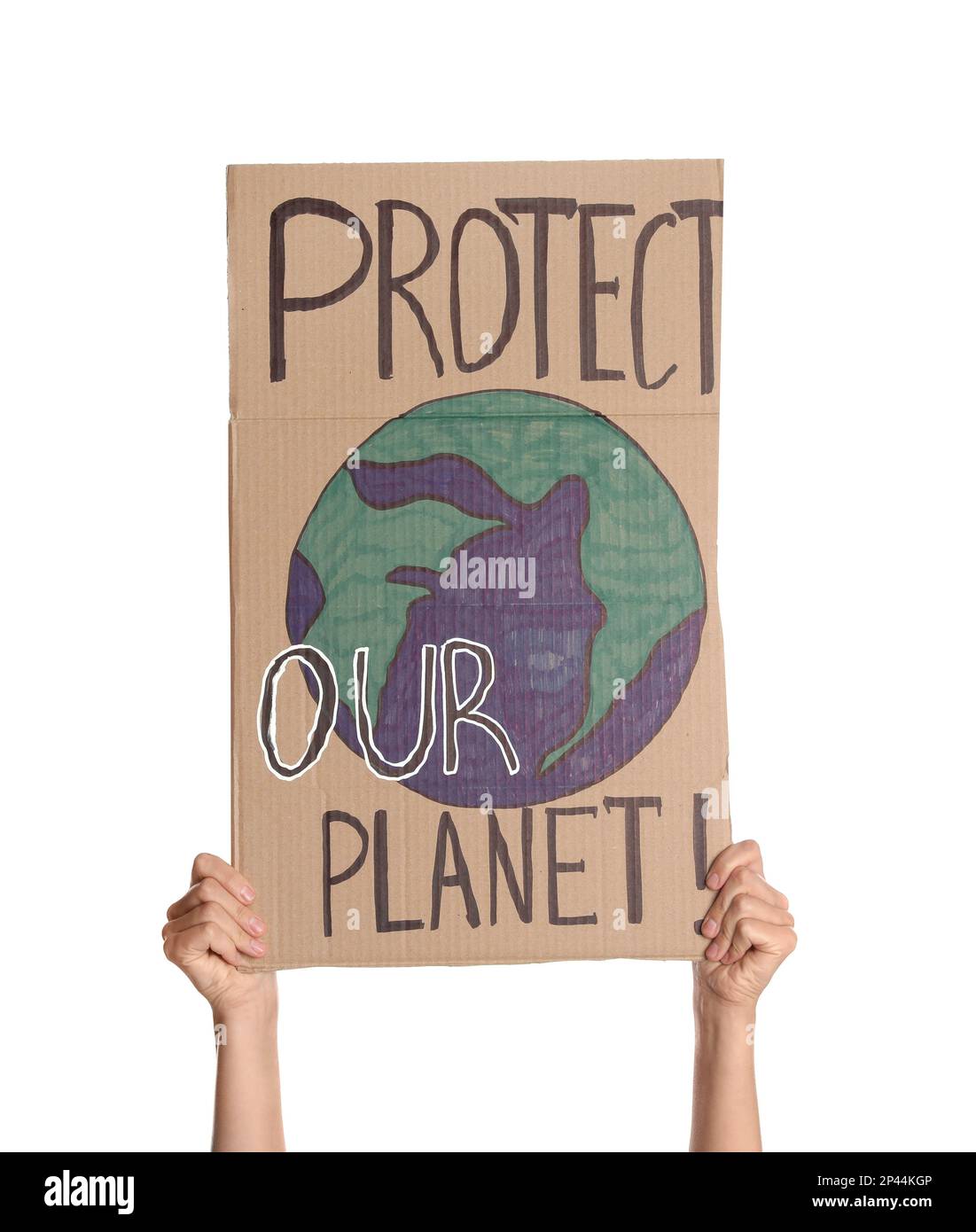 Protestor holding placard with text Protect Our Planet on white ...