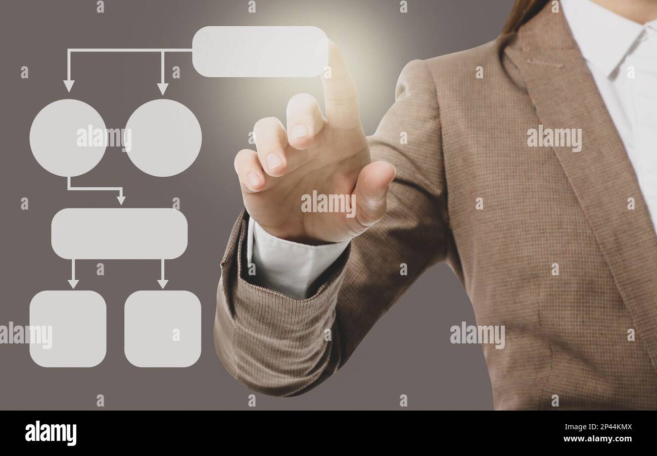 Woman pointing at flowchart on virtual screen against color background ...