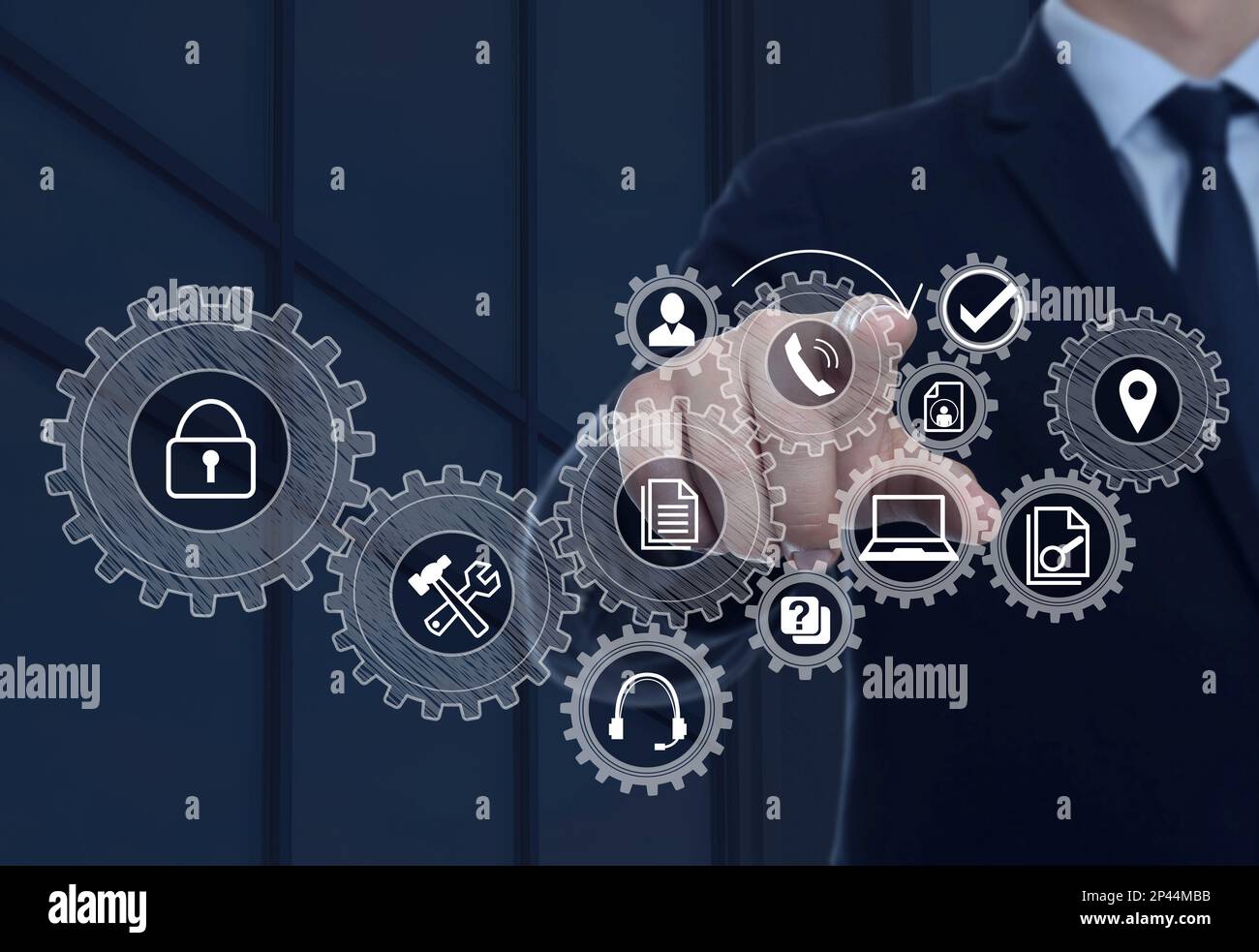Business process. Man touching virtual screen with different icons ...