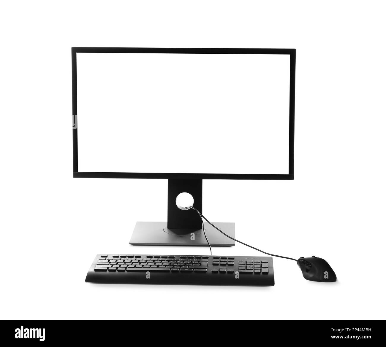 Modern computer with blank monitor screen and peripherals on white ...
