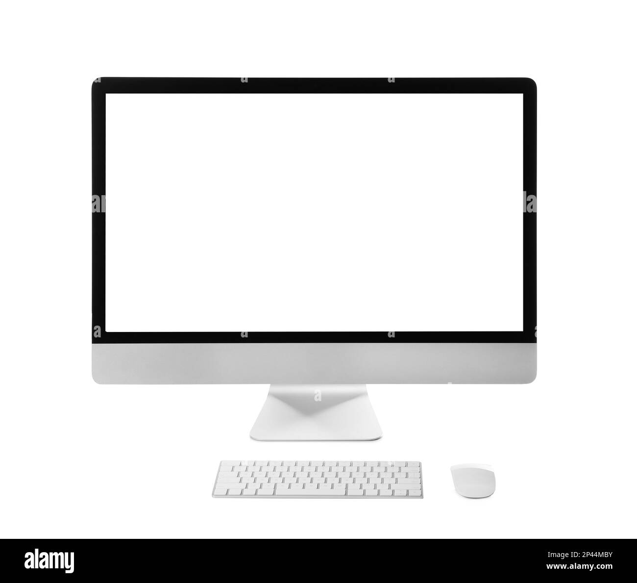 Modern computer with blank monitor screen and peripherals on white ...