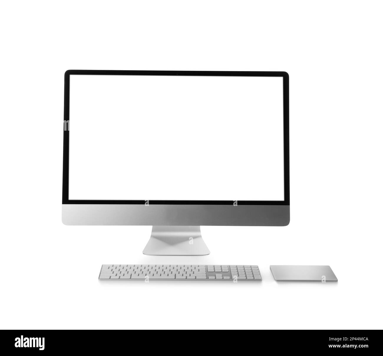 Modern computer with blank monitor screen and peripherals on white ...