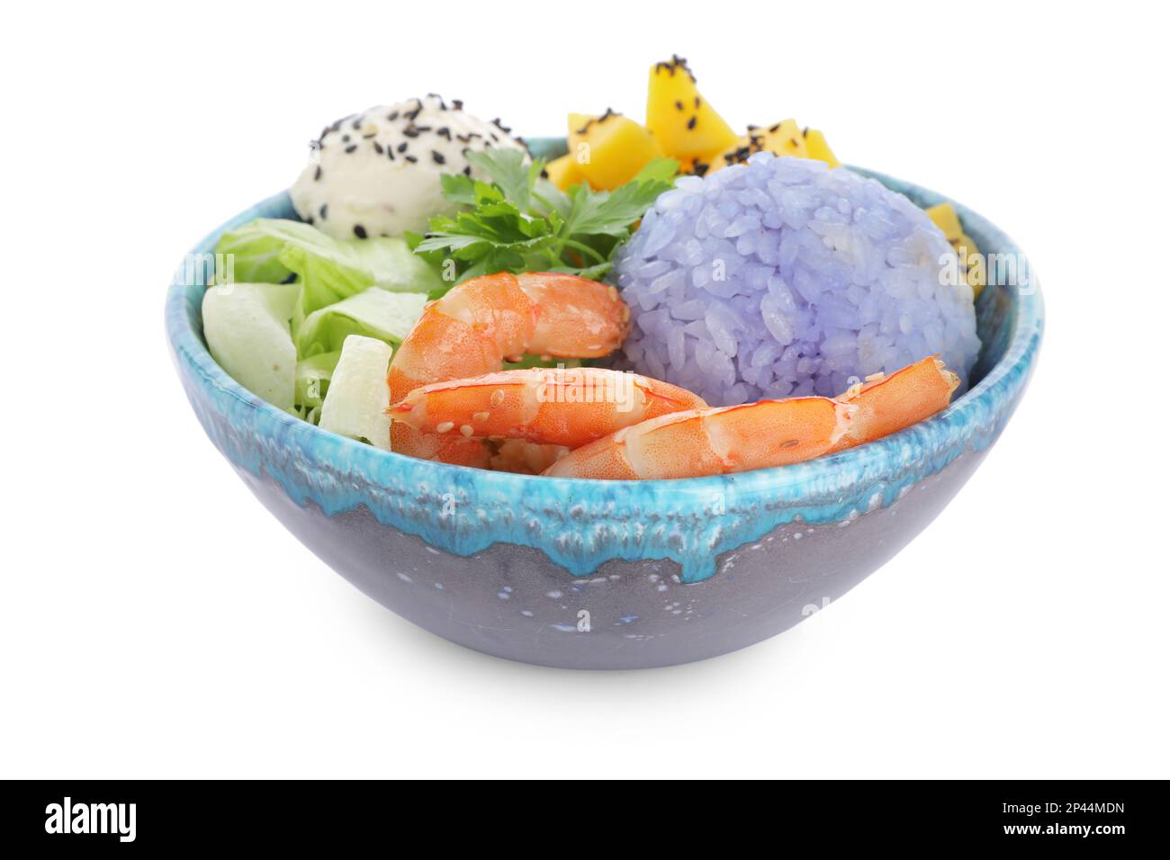 Fresh delicious poke bowl on white background Stock Photo - Alamy