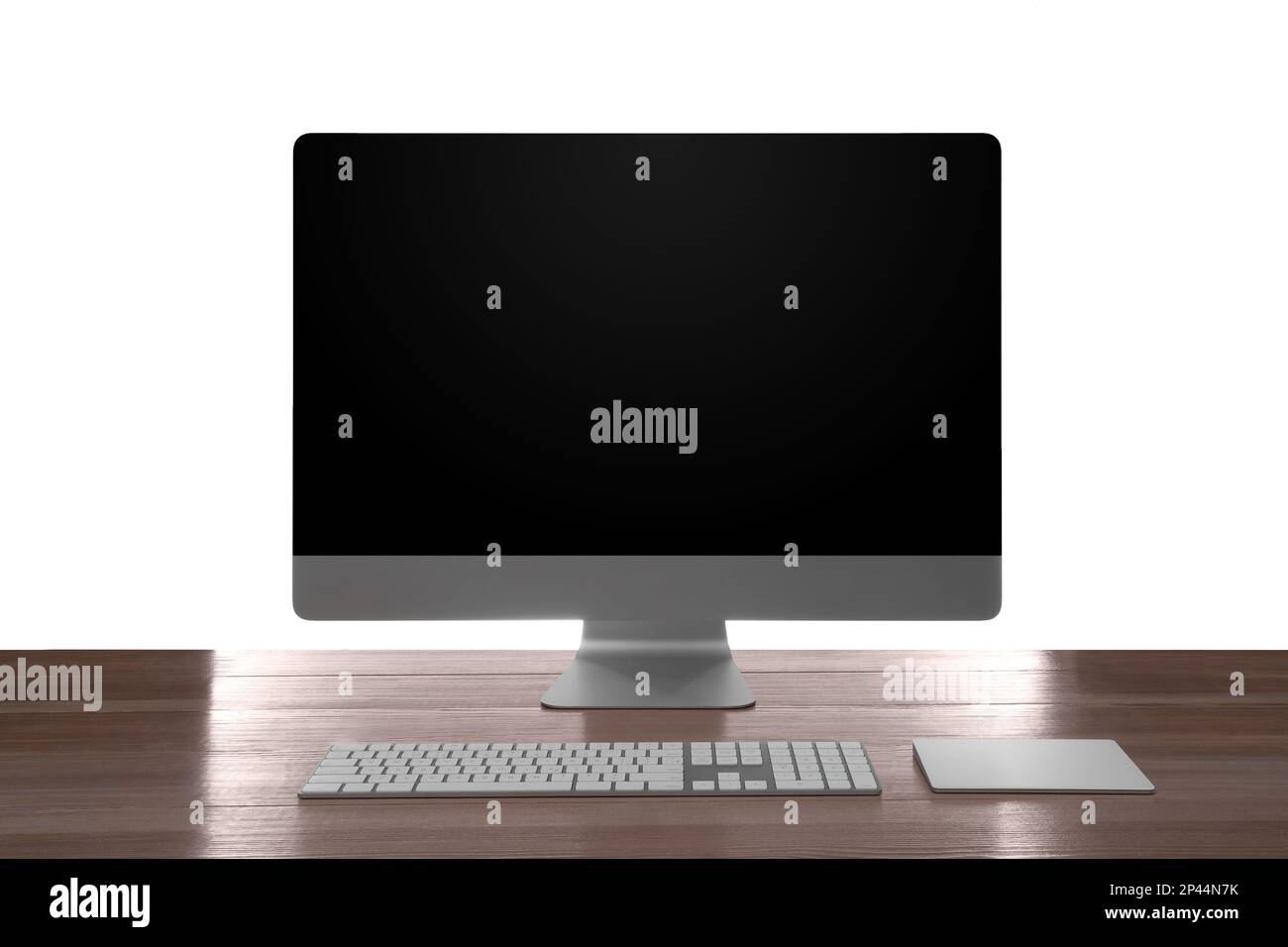 Modern computer with blank monitor screen and peripherals on wooden ...