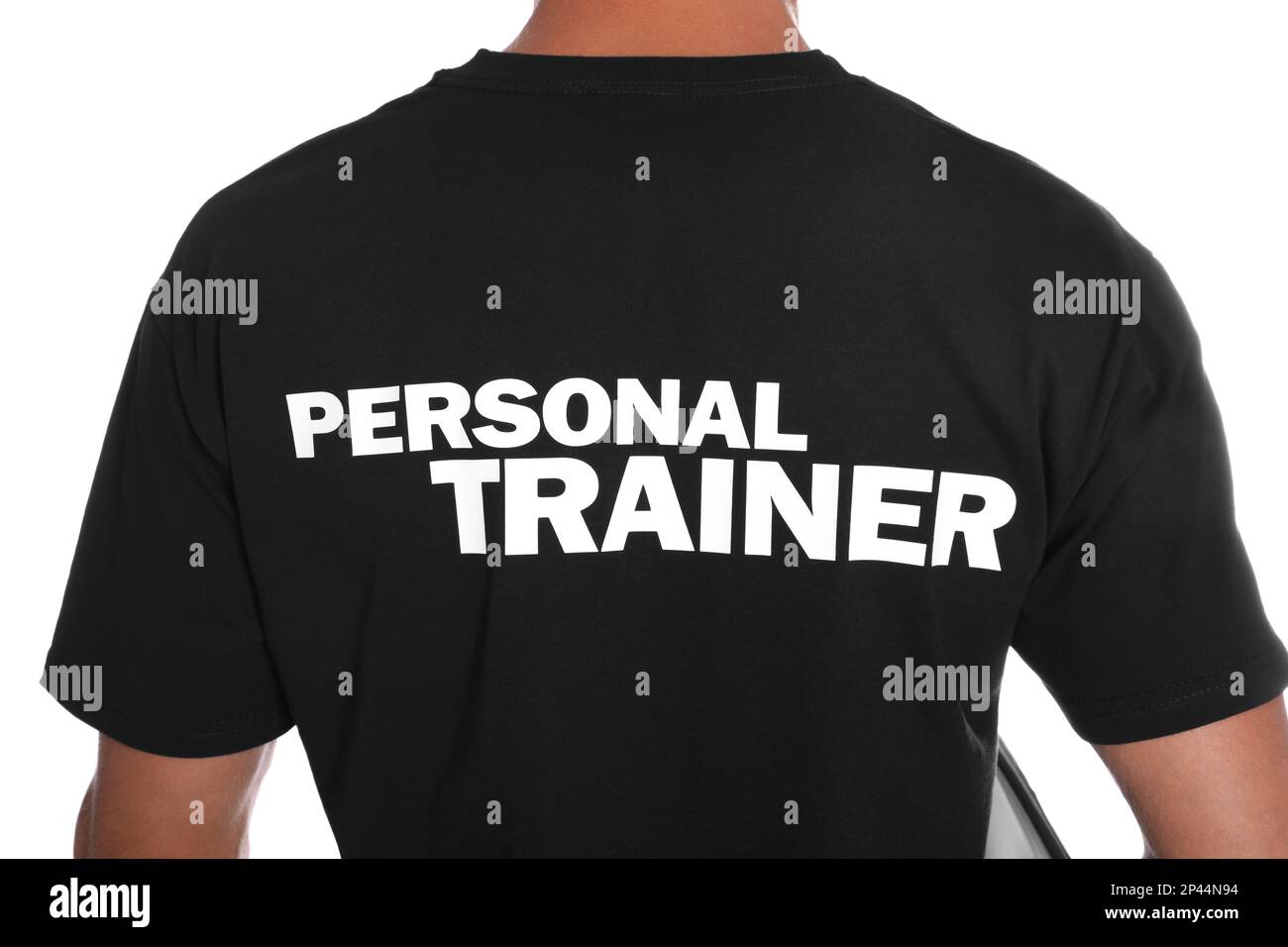 Personal trainer on white background, back view. Gym instructor Stock ...