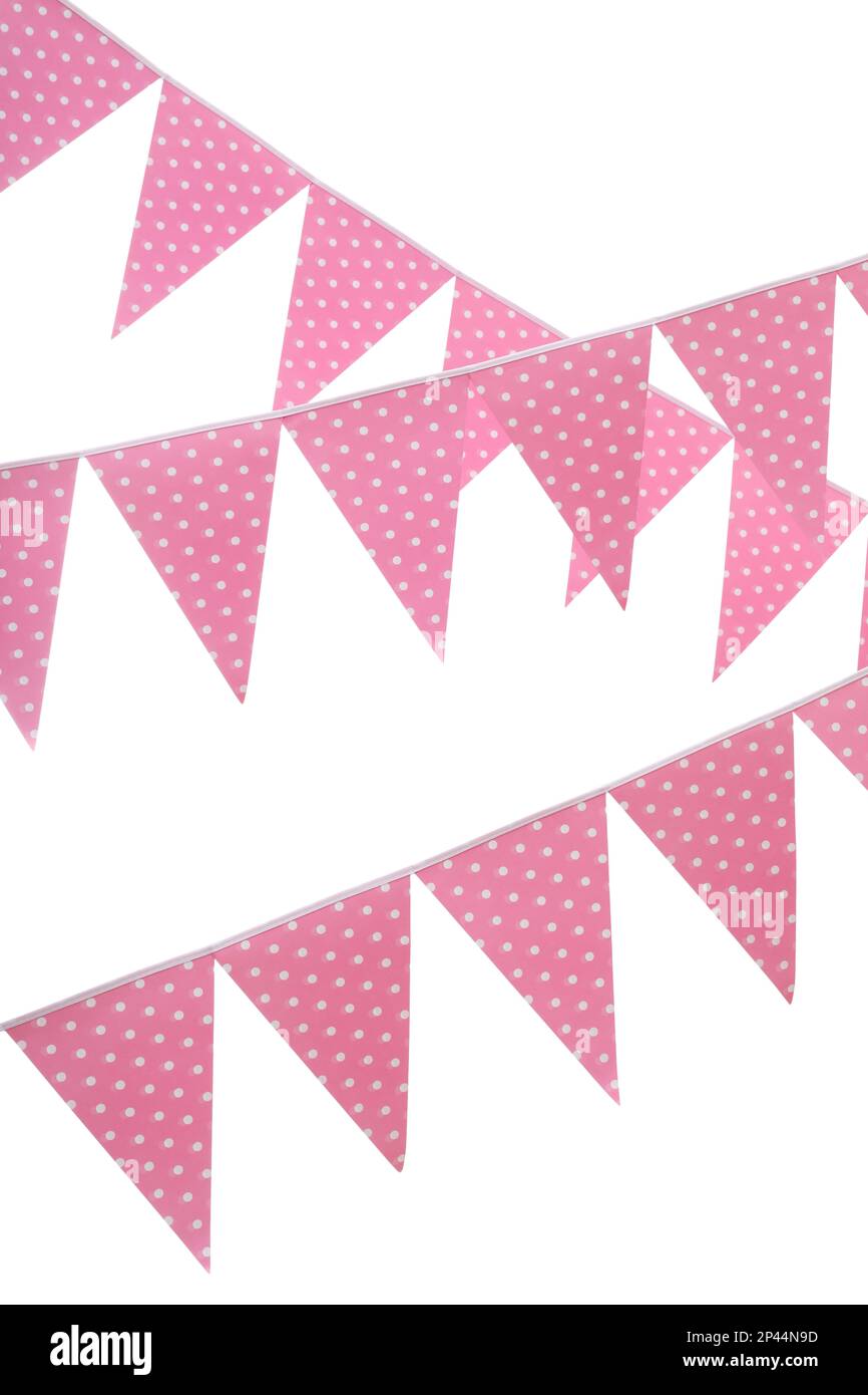 Rows of triangular bunting flags on white background. Festive decor ...