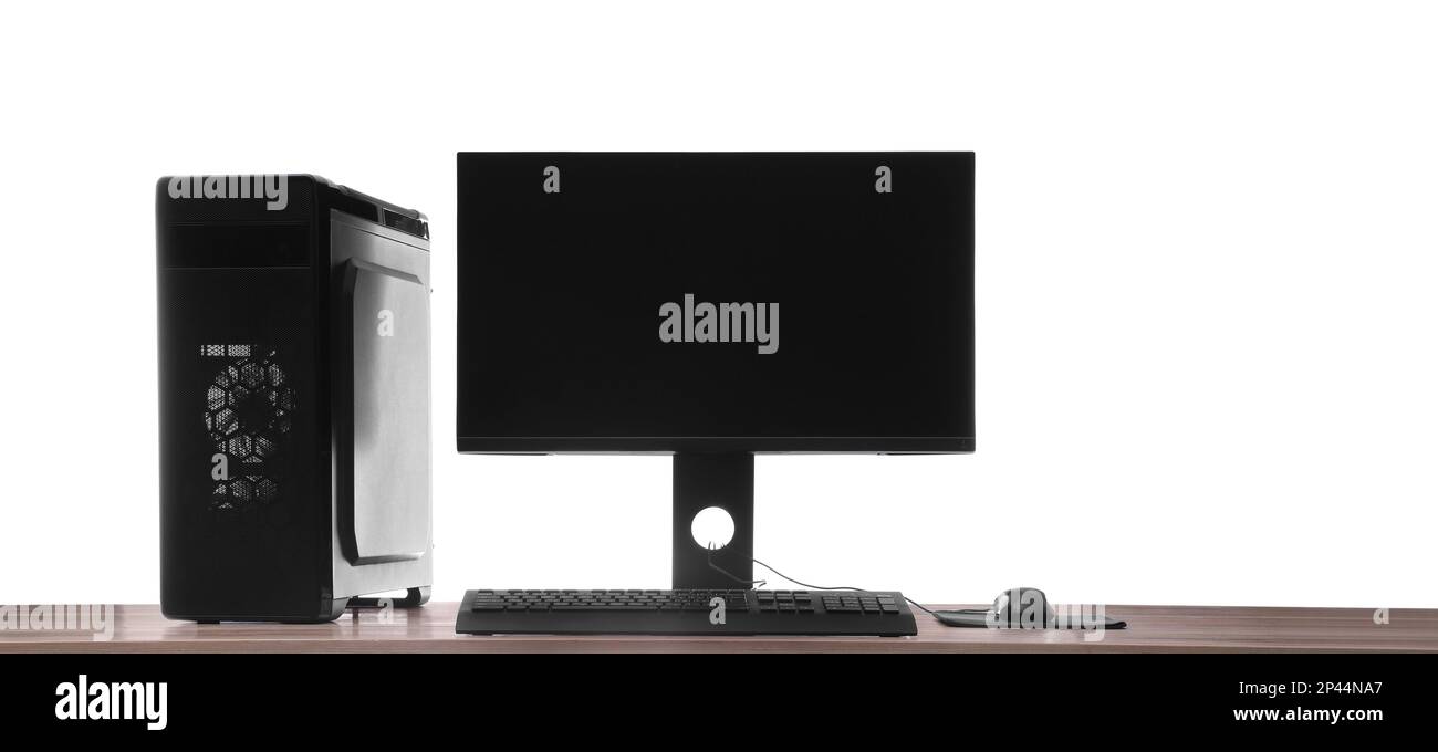 Modern computer with blank monitor screen and peripherals on wooden ...