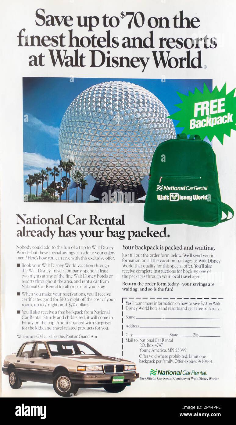 National Car Rental - Walt Disney World advert in a Natgeo magazine ...