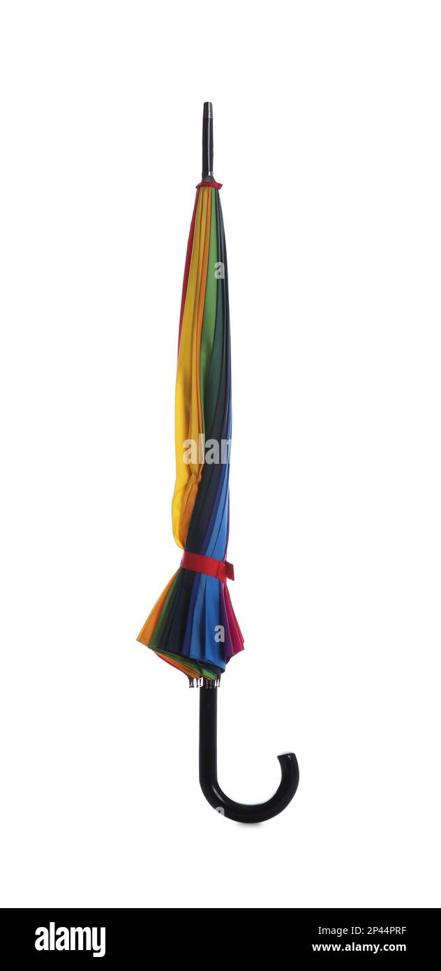 One closed colorful umbrella isolated on white Stock Photo - Alamy