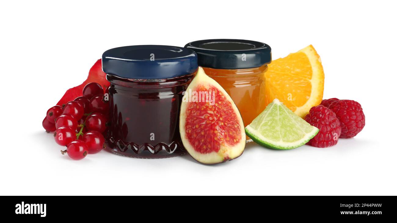 Jars of sweet jams and fresh ingredients on white background Stock ...