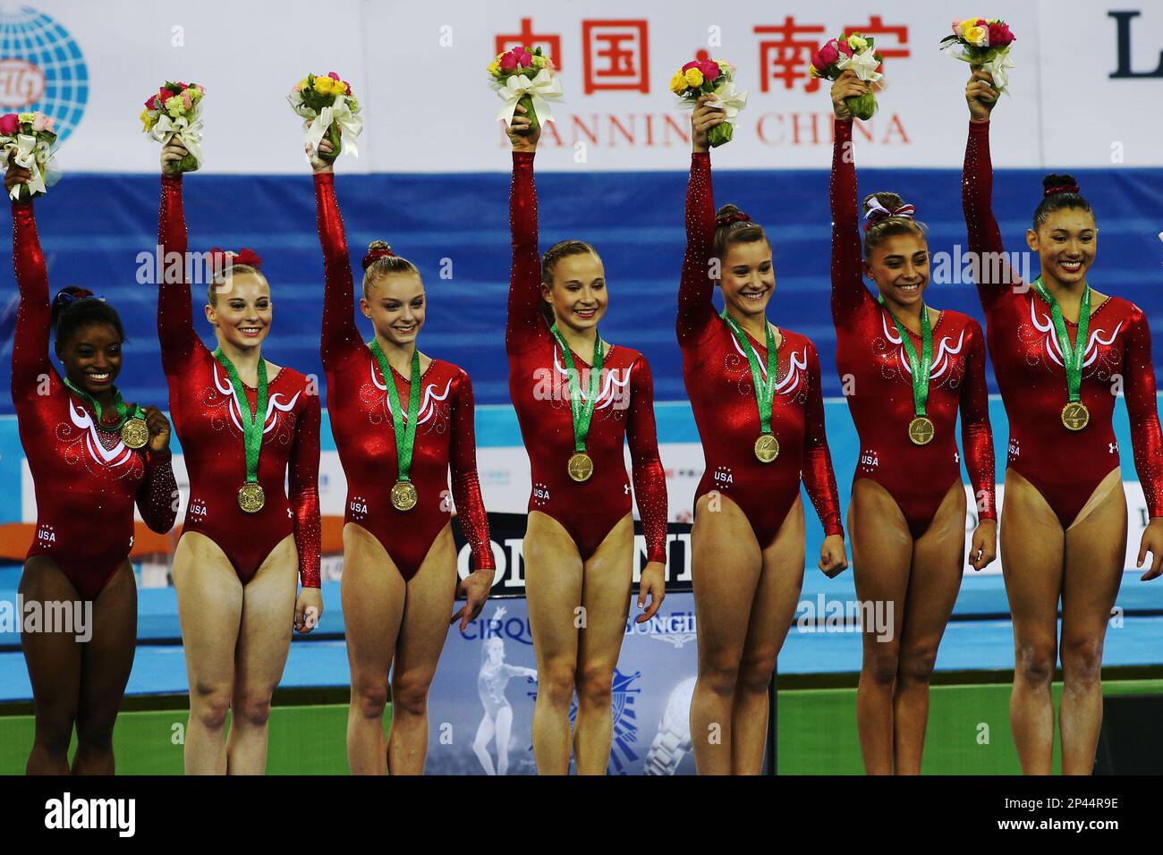October 8, 2014 Nanning, China..The U.S. women's gymnastics team takes ...