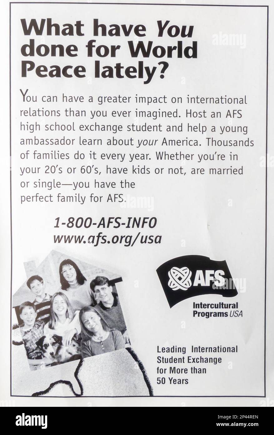 AFS student exchange program advert in a Natgeo magazine May 2000 Stock ...