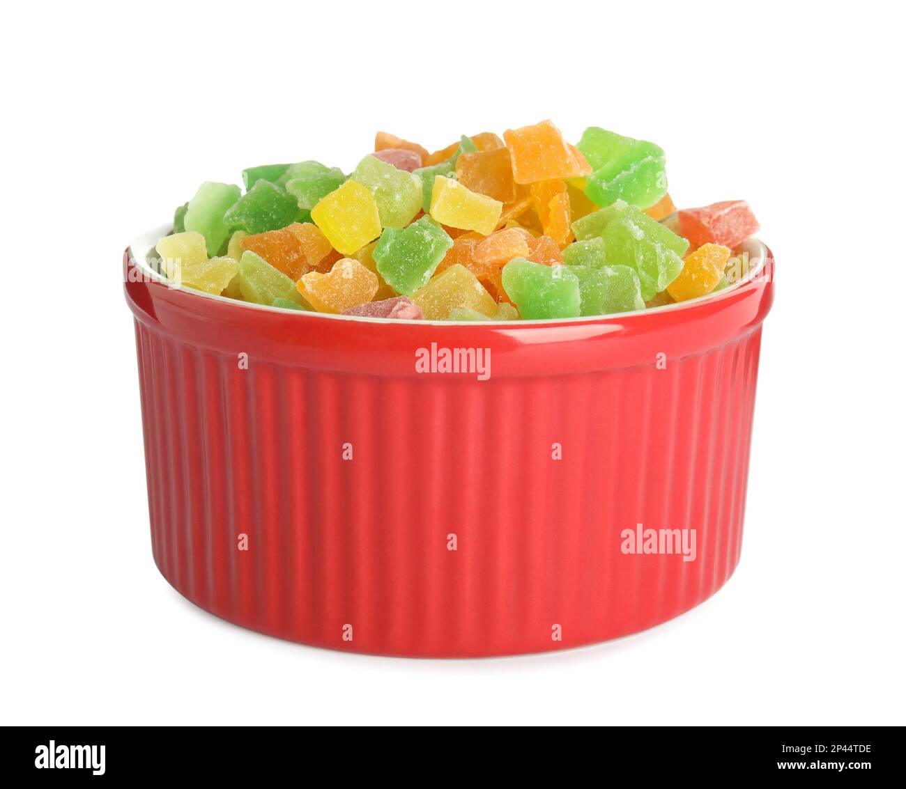Mix of delicious candied fruits in bowl isolated on white Stock Photo ...