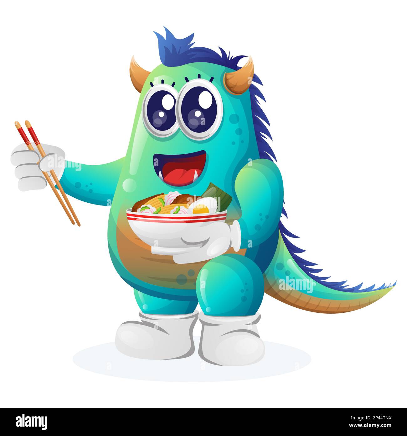 Cute blue monster eat ramen. Perfect for kids, small business or e-Commerce, merchandise and ...