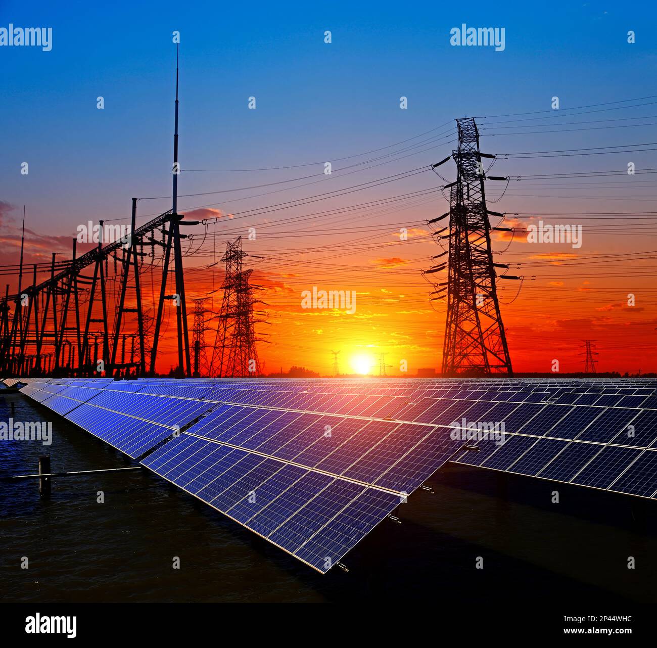 Solar panels and pylon Stock Photo - Alamy