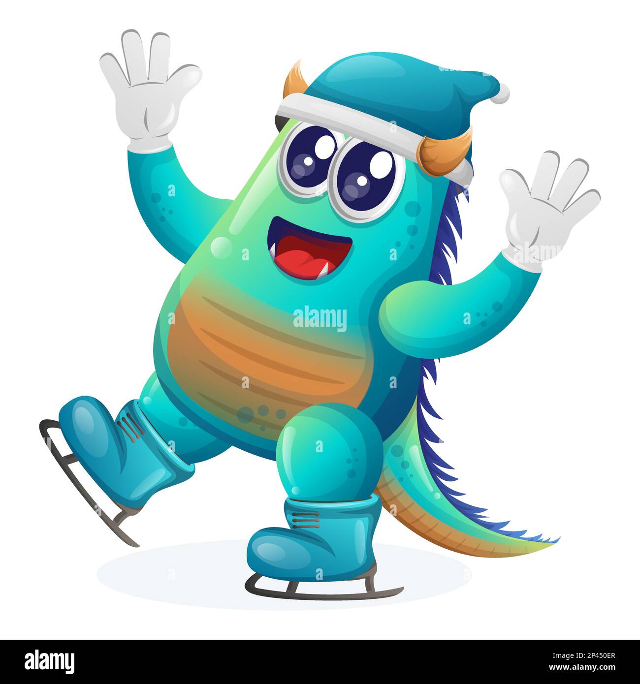 Cute blue monster ice skating. Perfect for kids, small business or e ...