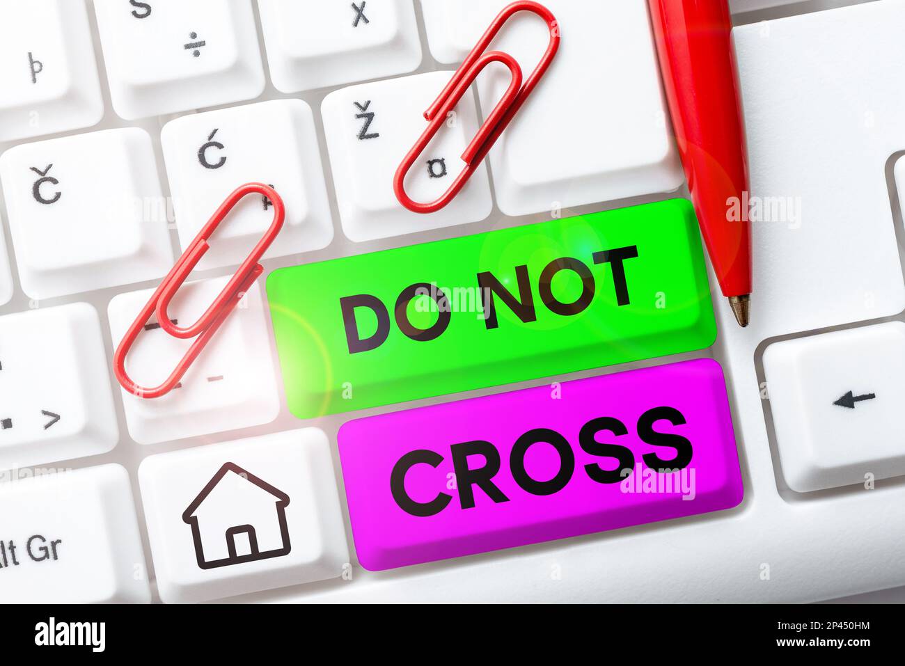 Hand writing sign Do Not Cross. Word for Crossing is forbidden dangerous caution warning not to ...