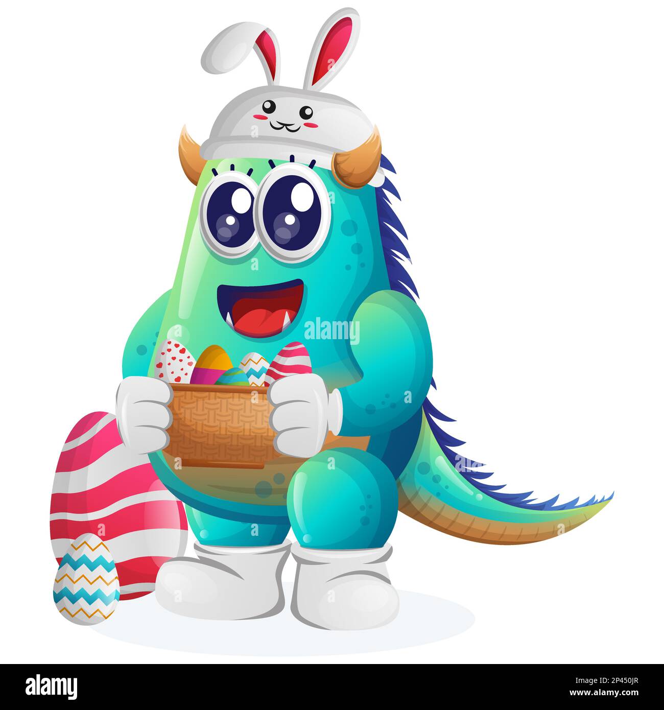 Cute blue monster wearing the bunny cap with holding easter egg in ...