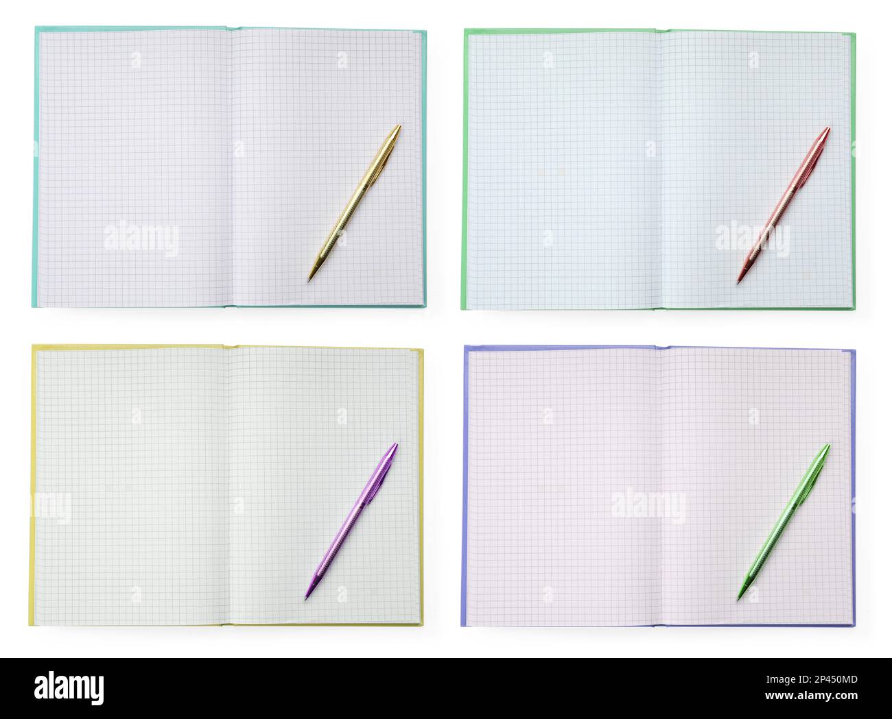 Set with open planners on white background, top view Stock Photo - Alamy