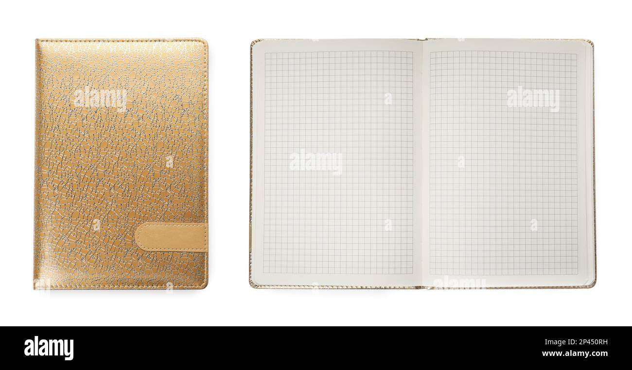 Closed and open planners on white background, top view. Collage Stock ...