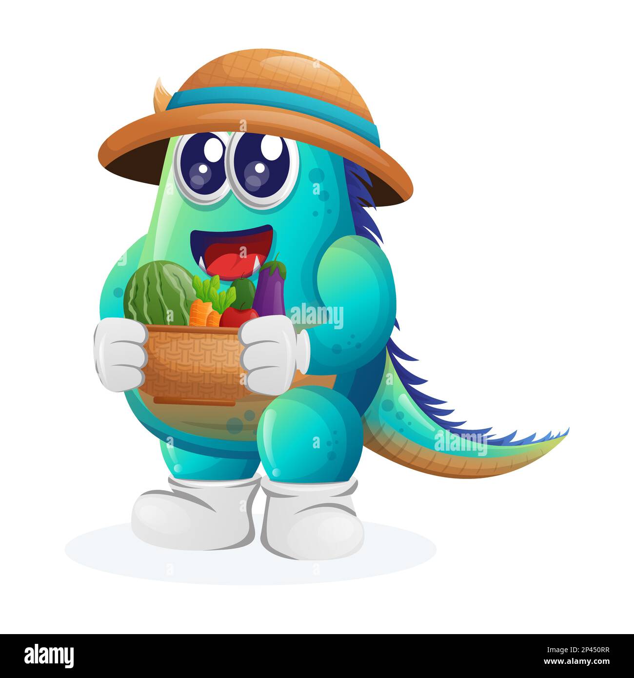 Cute blue monster carries variety of fresh vegetables and fruits ...