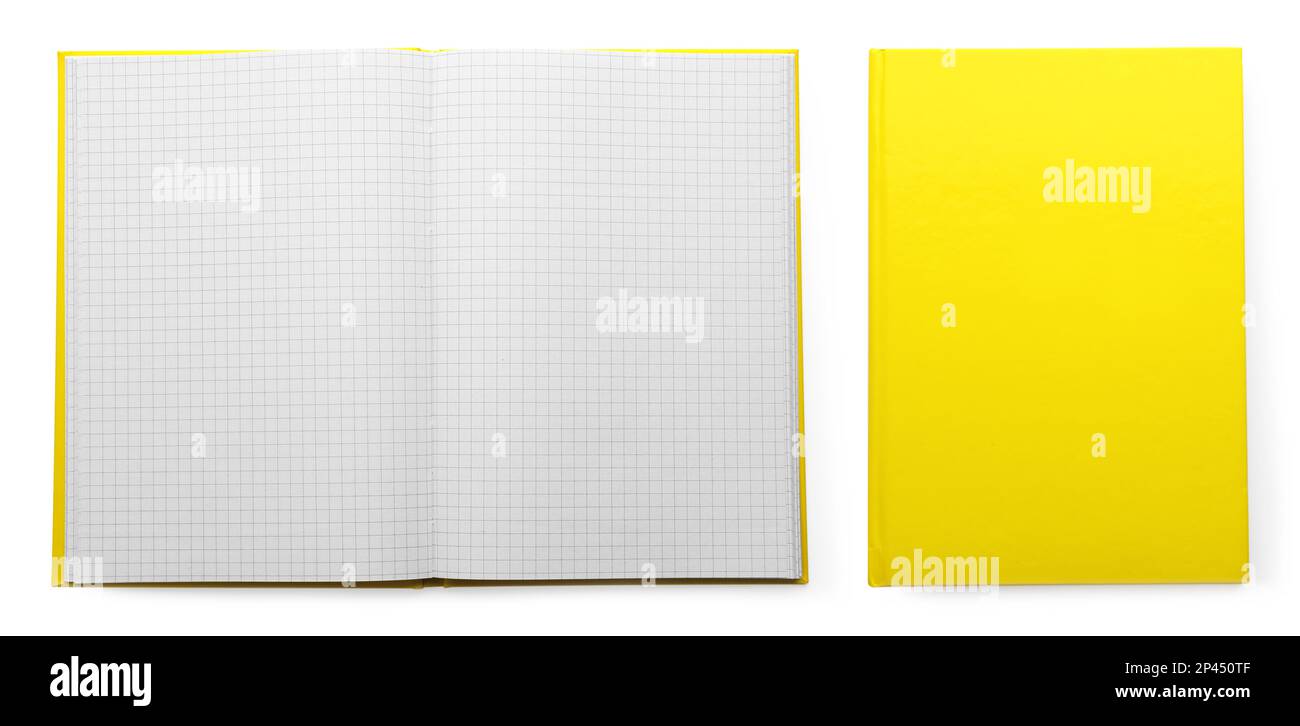 Closed and open planners on white background, top view. Collage Stock ...