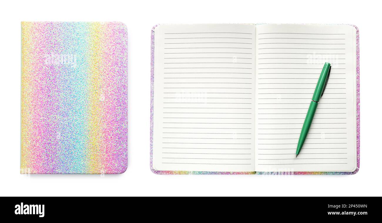 Closed and open planners on white background, top view. Collage Stock ...