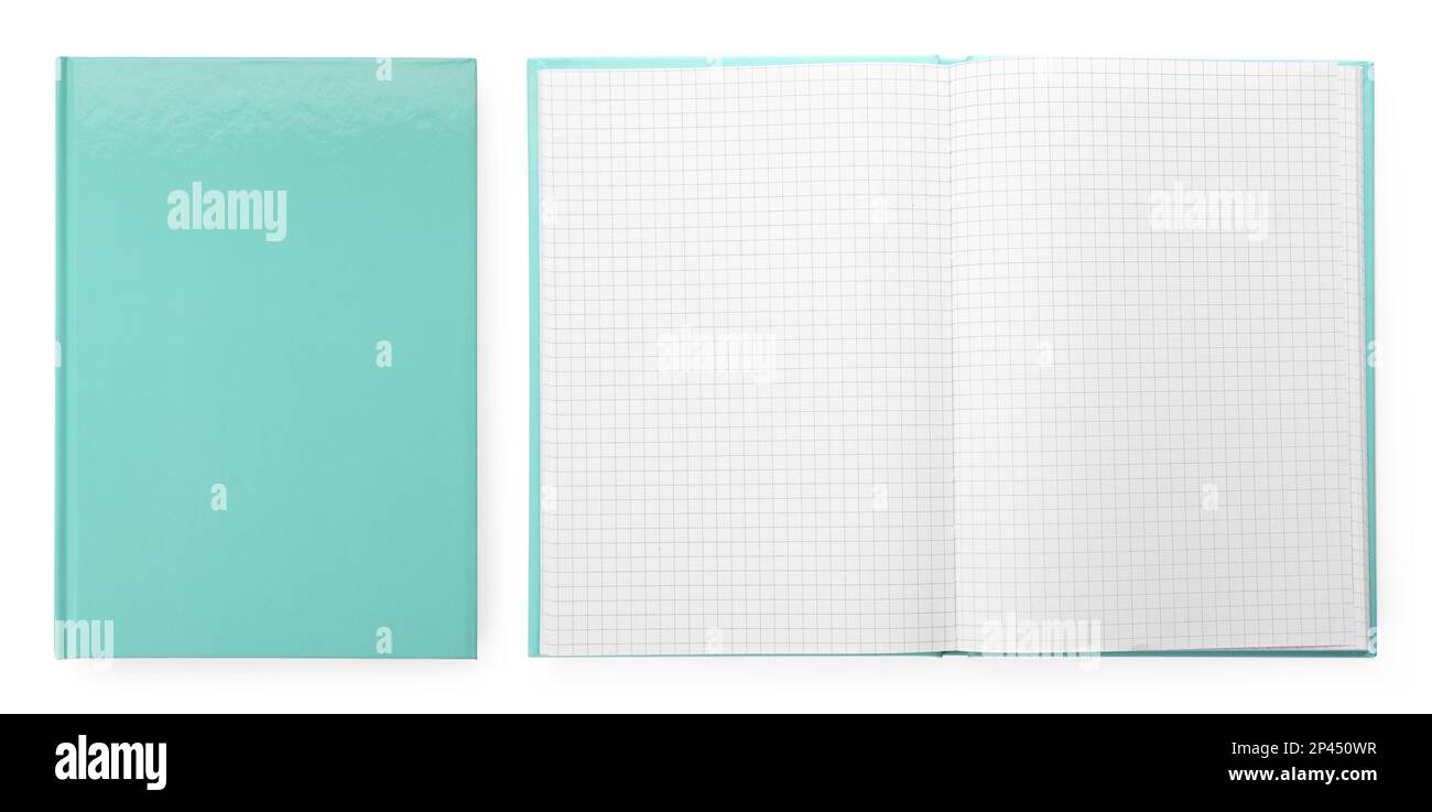 Closed and open planners on white background, top view. Collage Stock ...