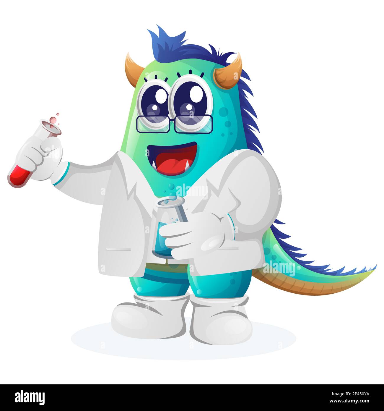 Cute blue monster scientists holding tubes. Perfect for kids, small ...
