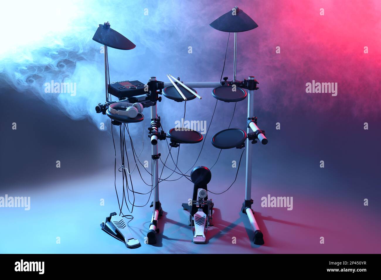 Modern electronic drum kit on grey background, color toned. Musical ...