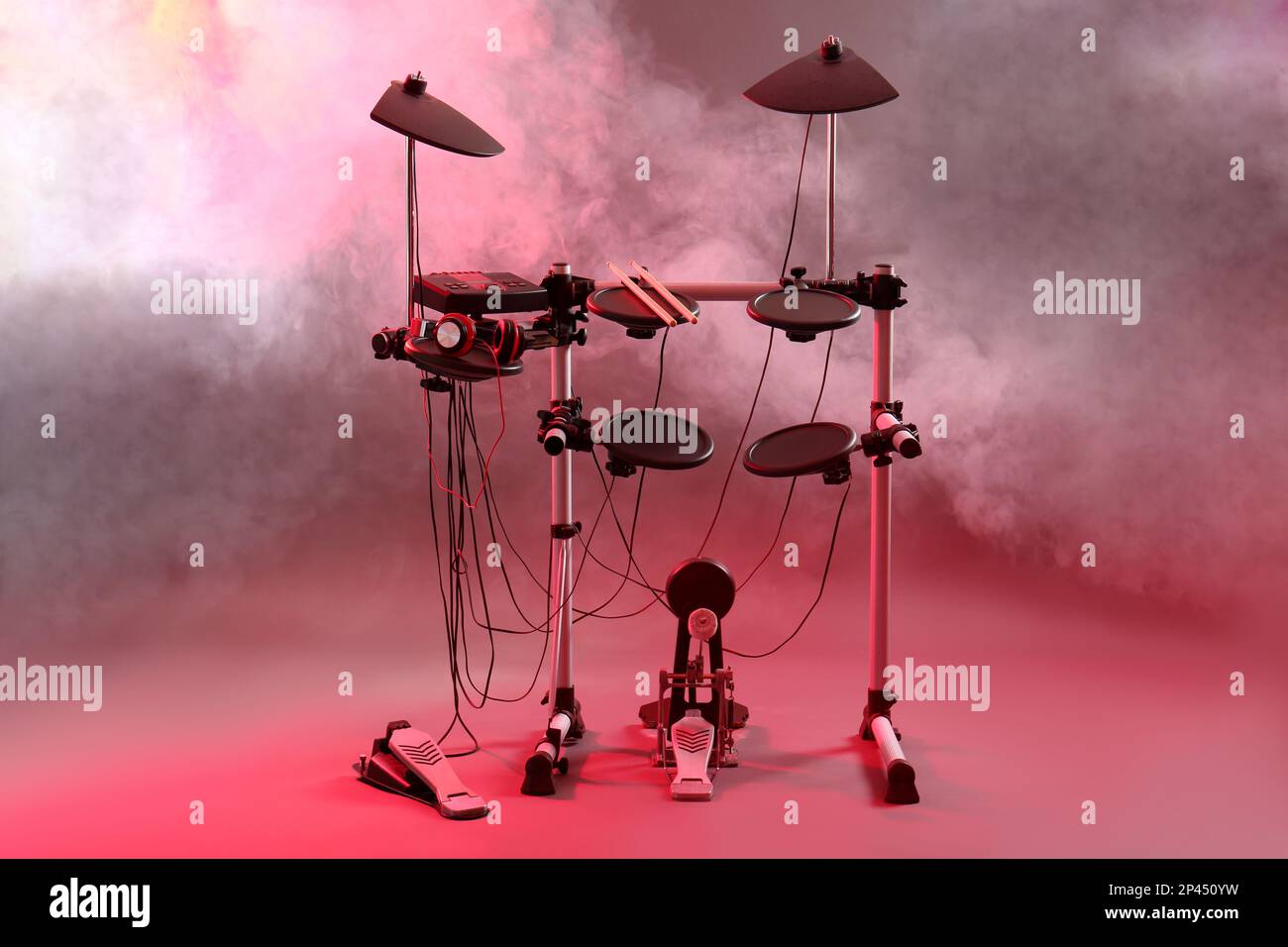 Modern electronic drum kit and smoke on grey background, toned in pink ...