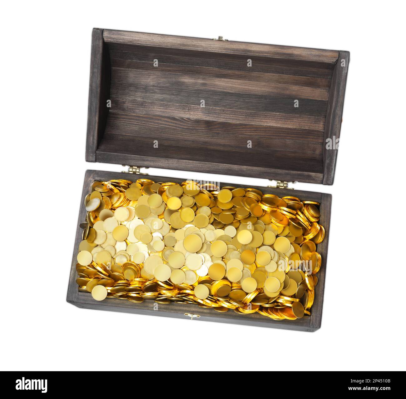 Open treasure chest with gold coins isolated on white, top view Stock ...
