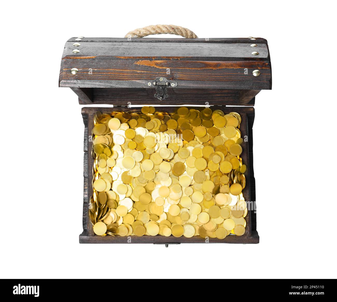 Open treasure chest with gold coins isolated on white, top view Stock ...