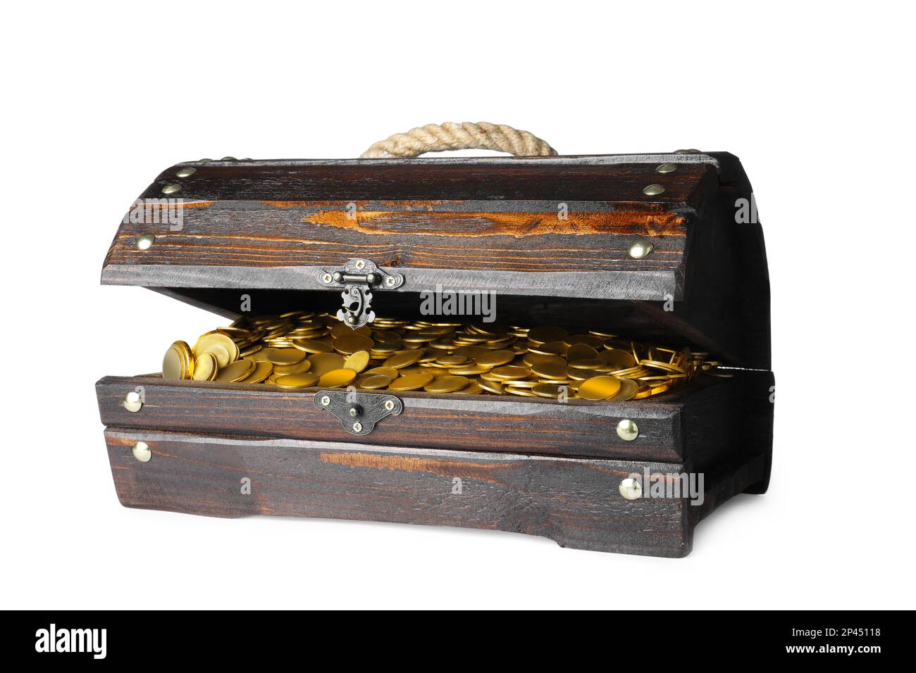 Open treasure chest with gold coins isolated on white Stock Photo - Alamy