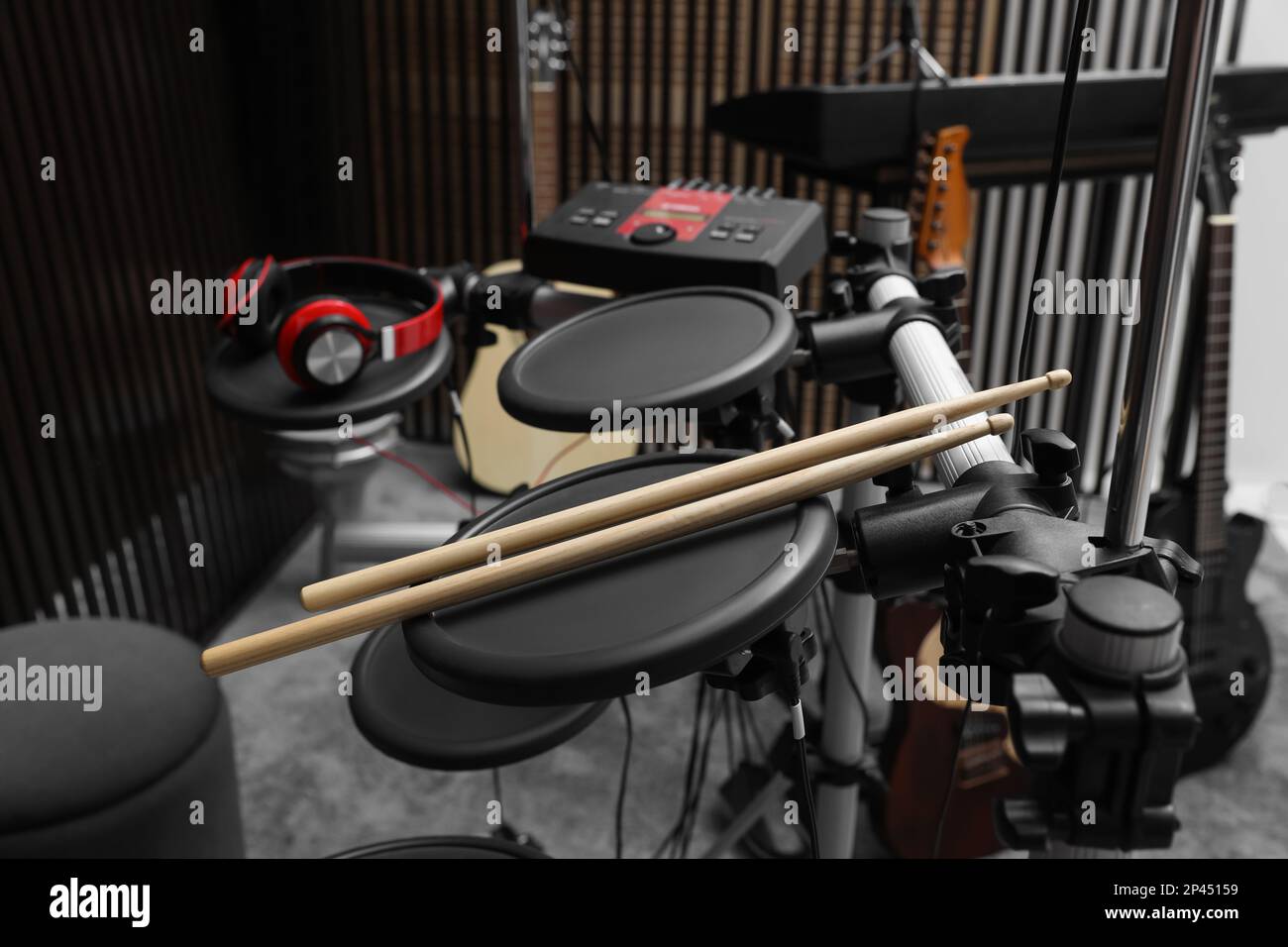 Electronic drum set at recording studio. Music band practice Stock ...