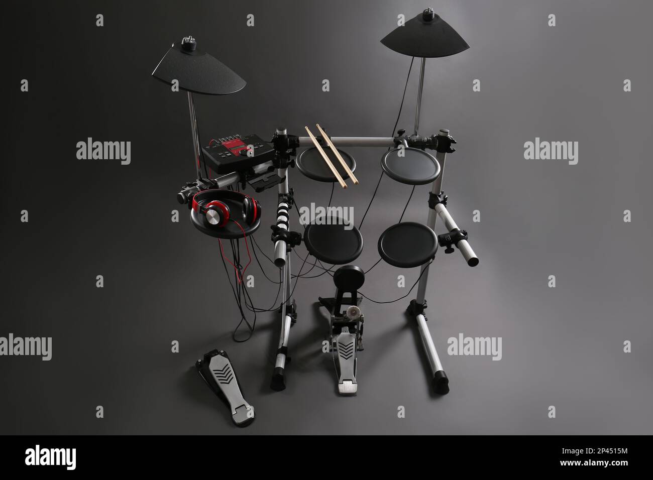 Modern electronic drum kit on grey background. Musical instrument Stock ...