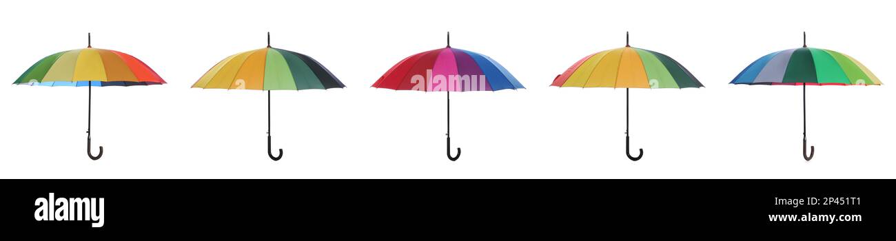 Set with different colorful umbrellas on white background. Banner ...