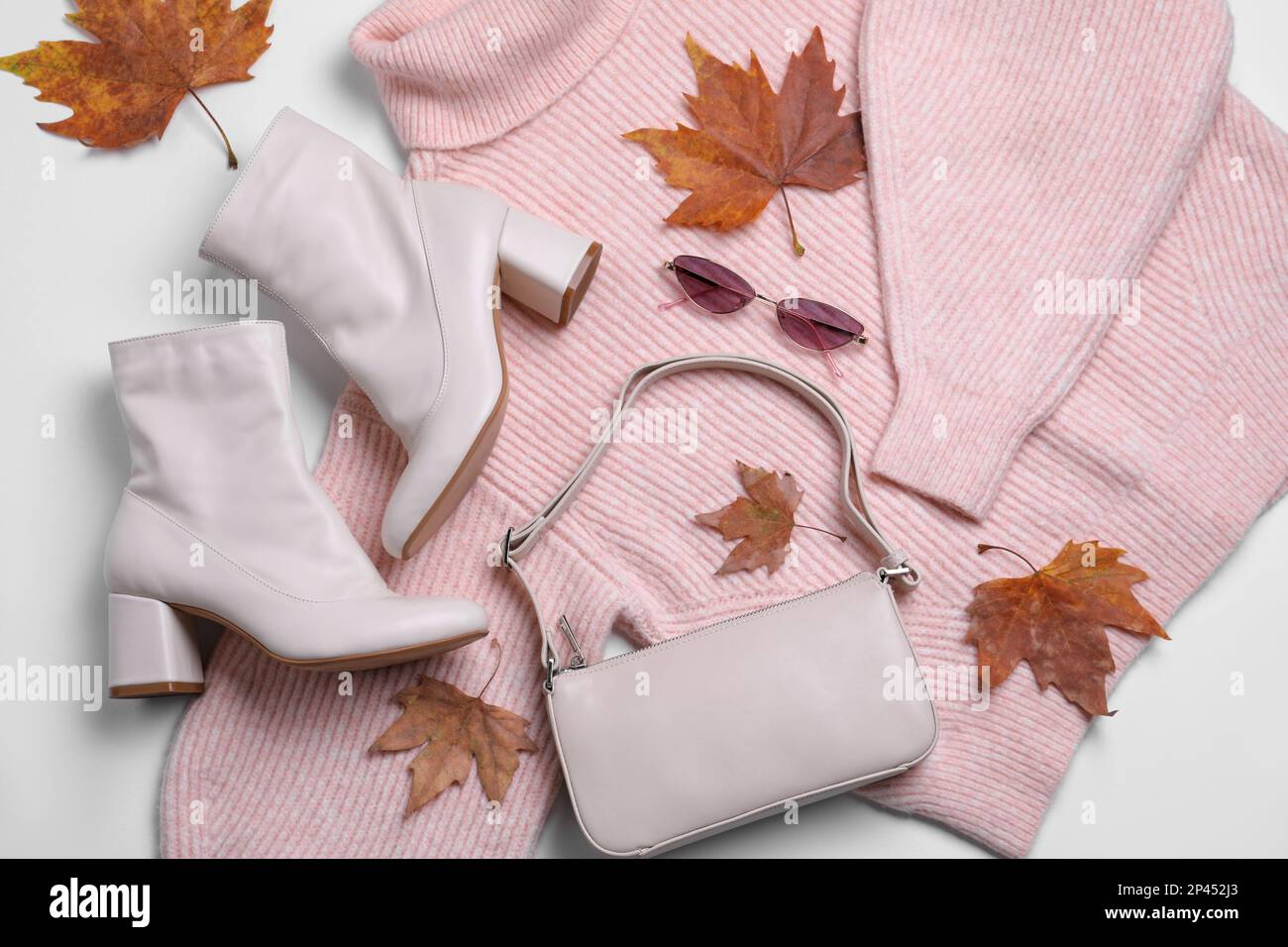 Fall fashion. Layout with woman's outfit on white background, top view ...