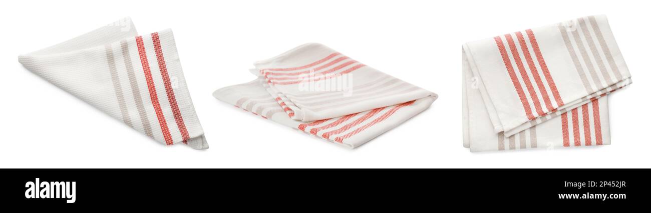 Set with clean kitchen towels on white background. Banner design Stock ...
