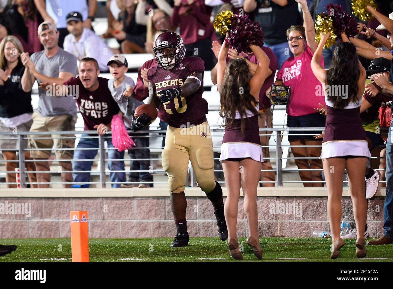 Texas State running back Terrence Franks (20) celebrates a touchdown ...