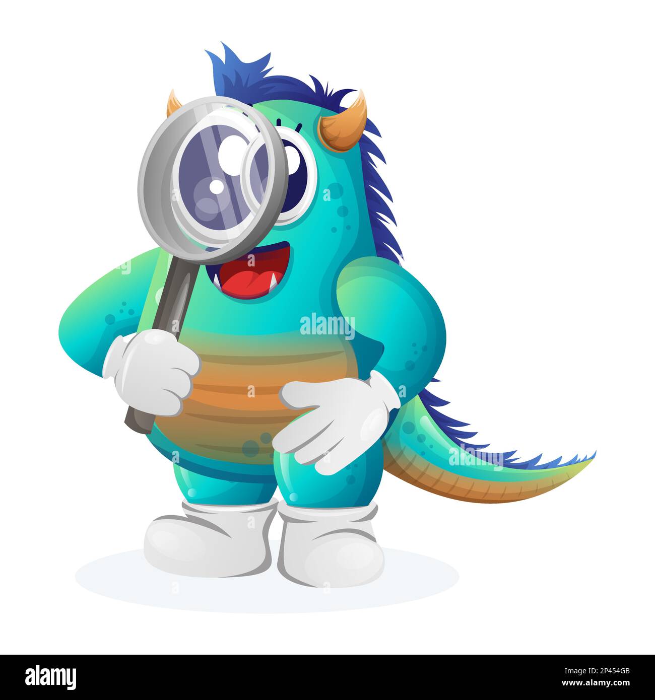 Cute blue monster conducting research, holding a magnifying glass ...