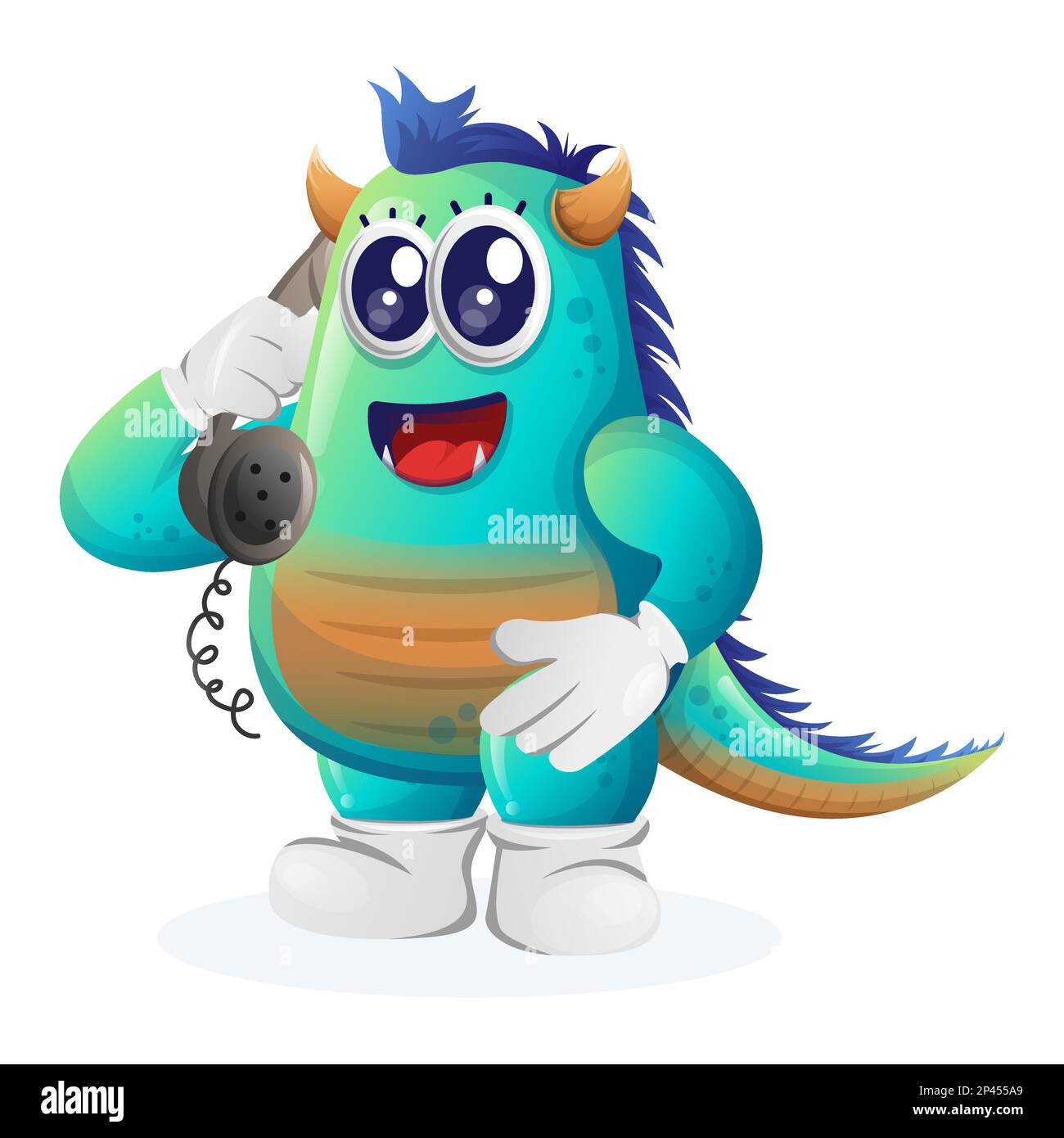 Cute blue monster pick up the phone, answering phone calls. Perfect for ...