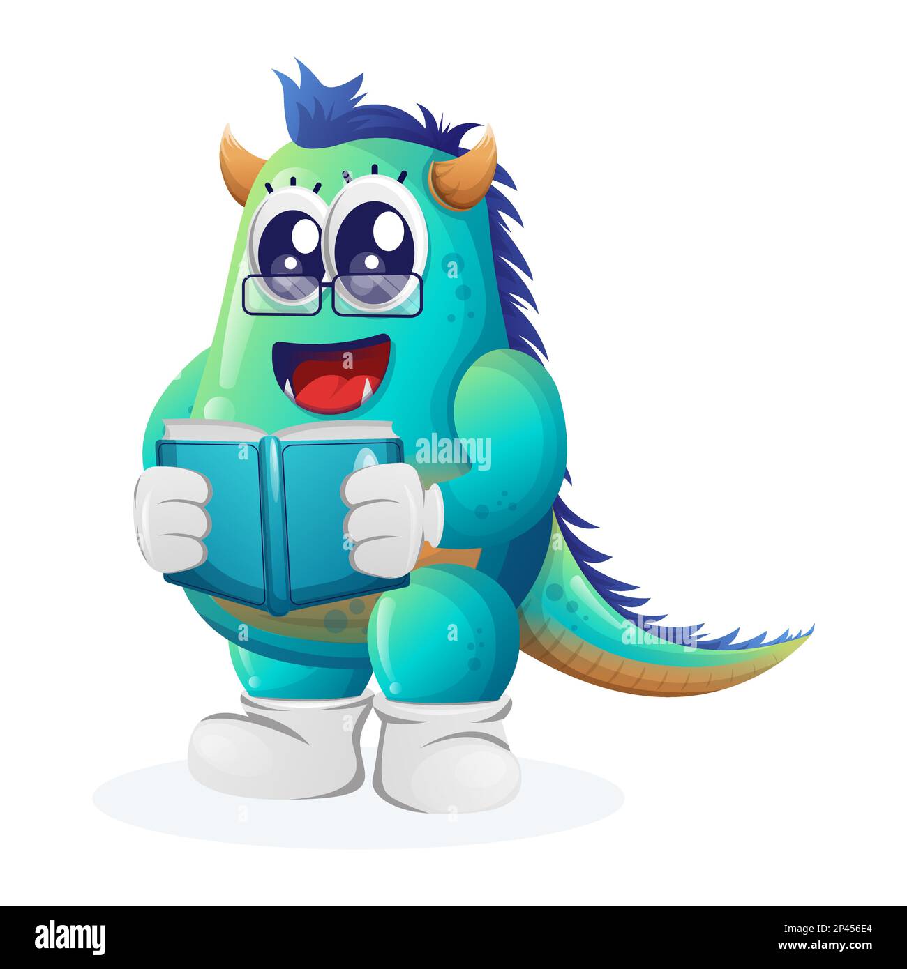 Cute blue monster reading a book. Perfect for kids, small business or e ...