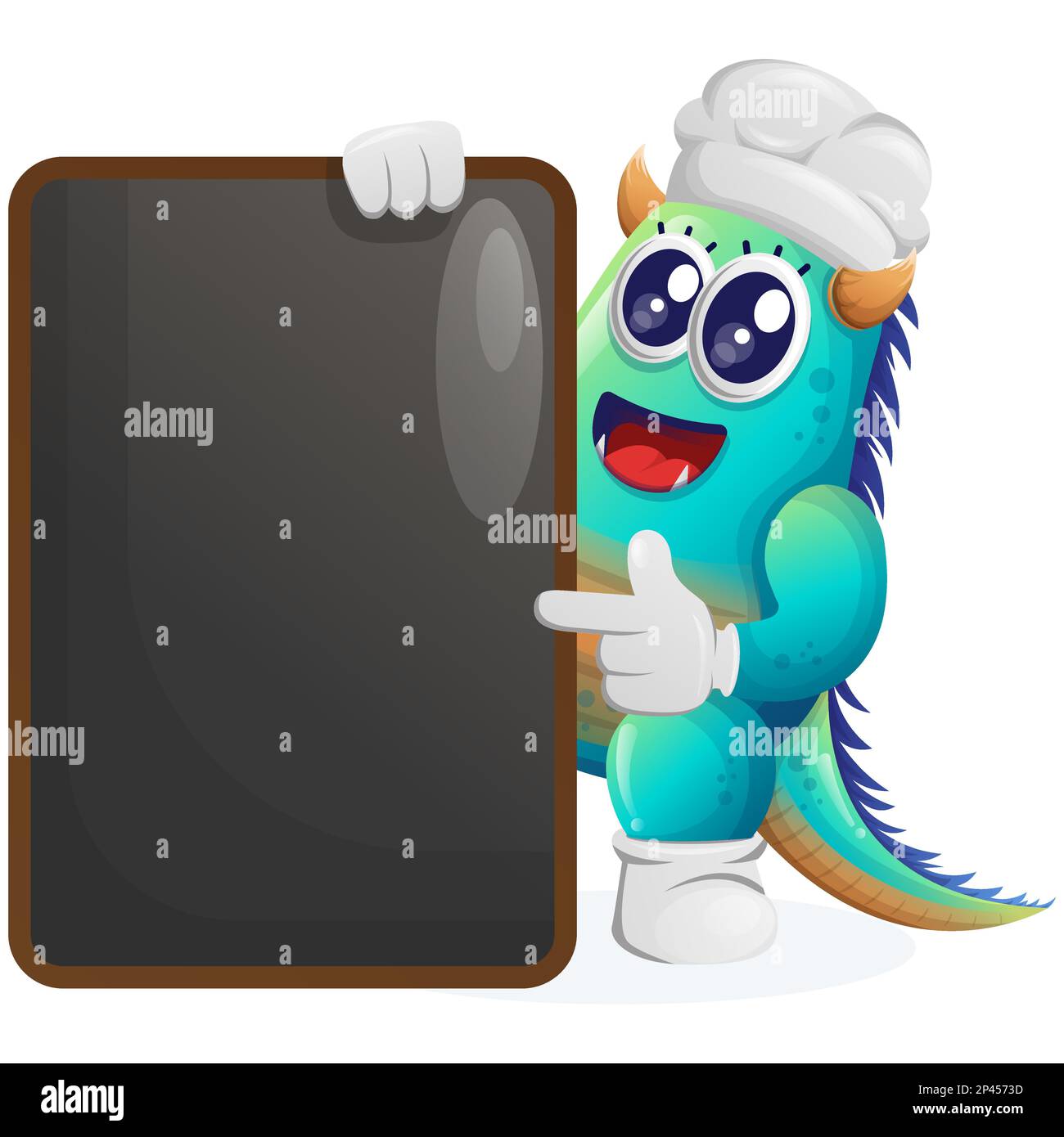 Cute blue monster holding menu black Board, menu board, sign board ...