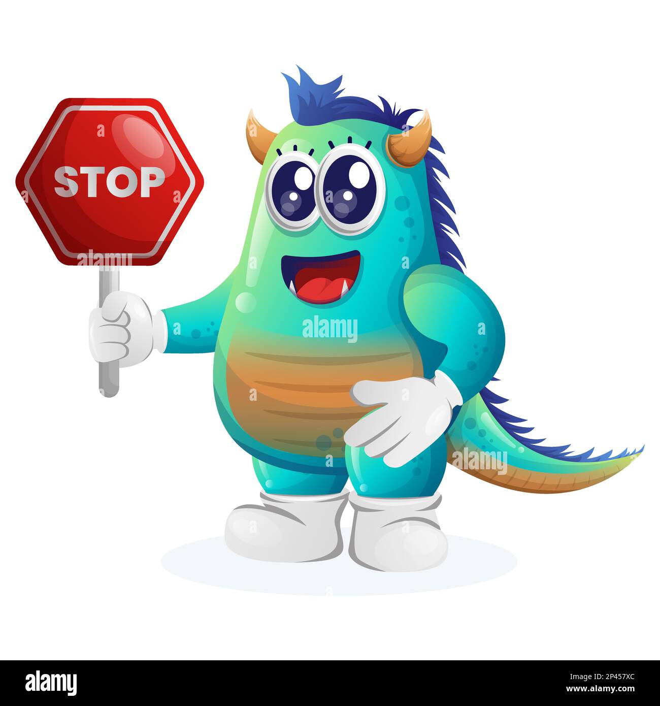 Cute blue monster holding stop sign, street sign, road sign. Perfect ...